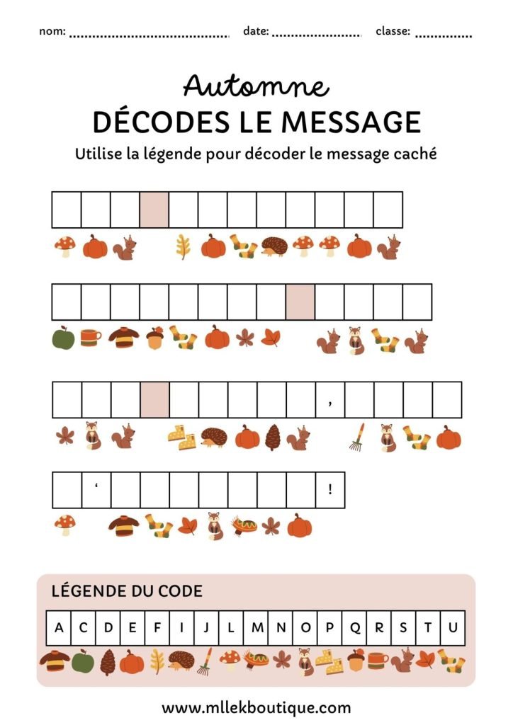Automne fiche d’activité décodes le message CE1, CE2 - Mlle K