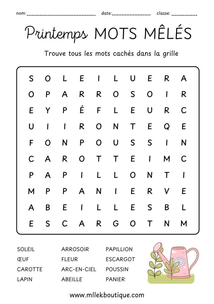 Printemps mots mêlés fiche d’activité CE1, CE2 - Mlle K